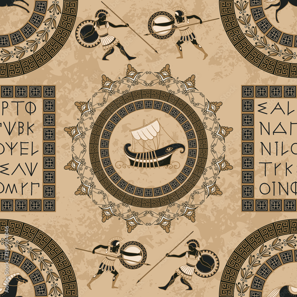 Seamless pattern with ancient greek letters, ships, horses, fighting ...