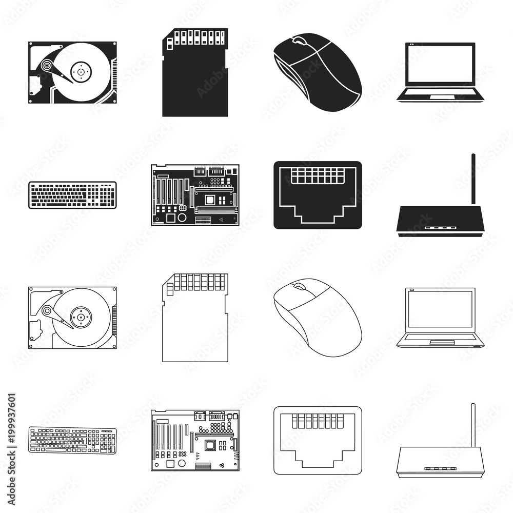 Keyboard, router, motherboard and connector. Personal computer set ...
