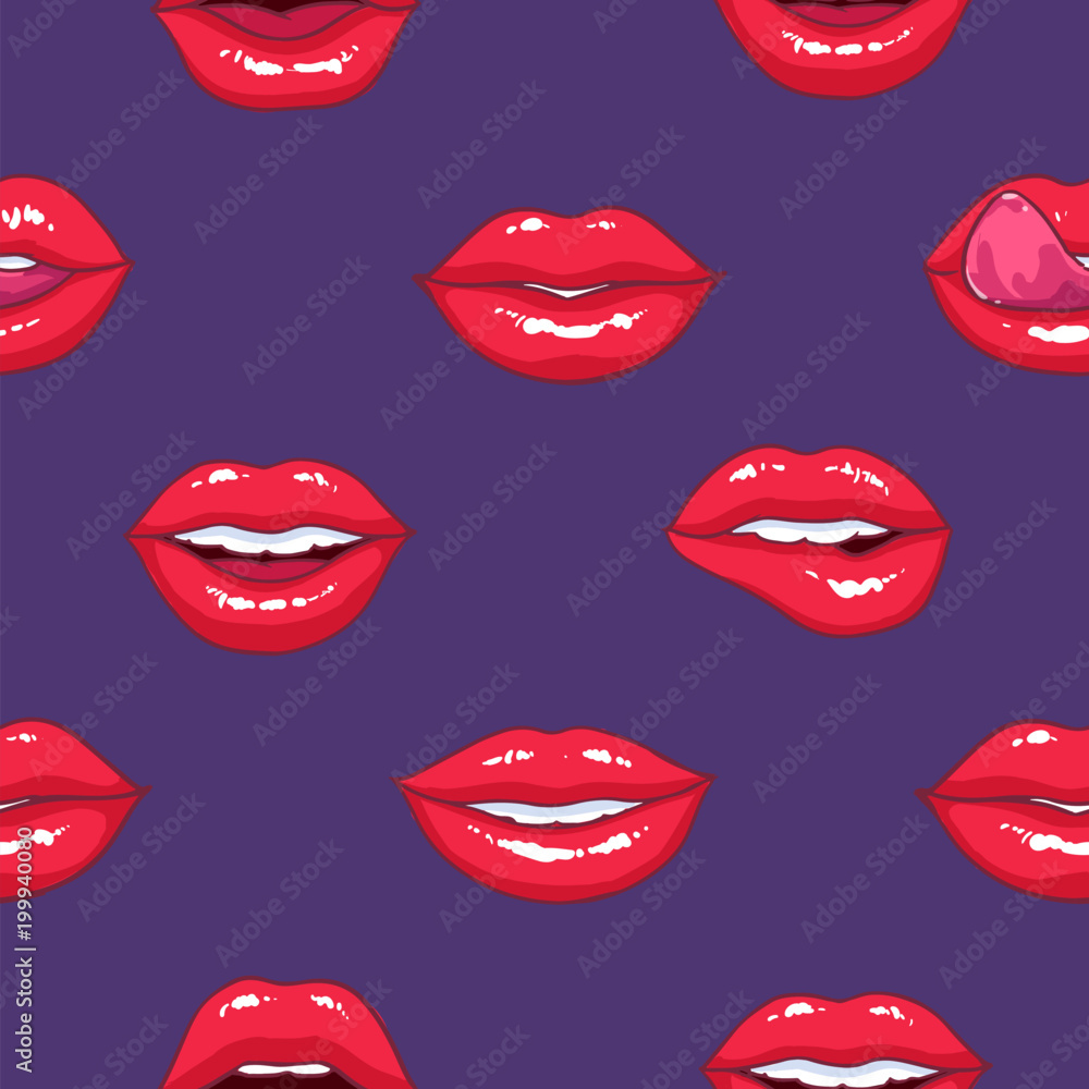 Seamless pattern with puffy female lips on purple background, symbol of ...