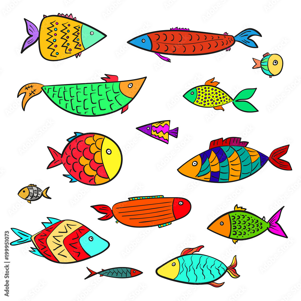 Set of cute colorful cartoon decorated vector fishes. Stylized doodle ...