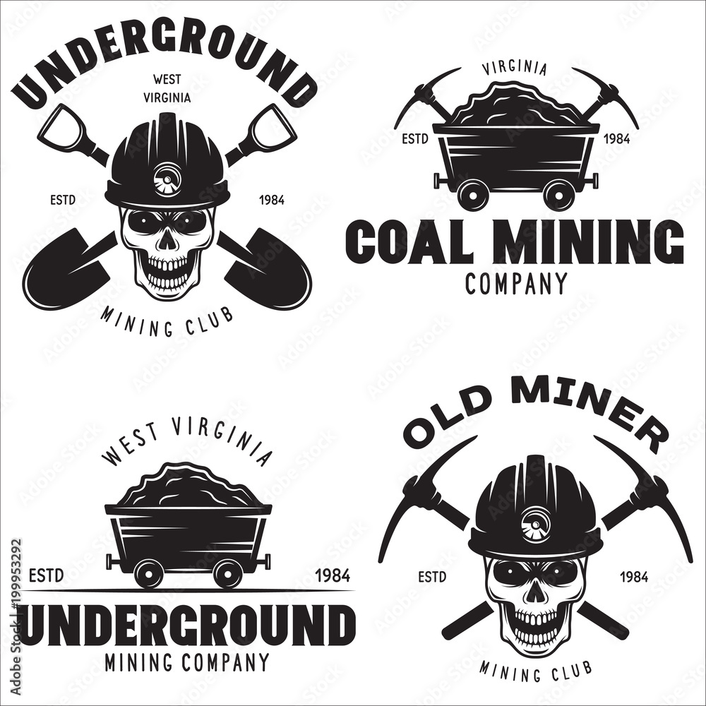 Set of mining or construction logos, badges, emblems and labels in ...