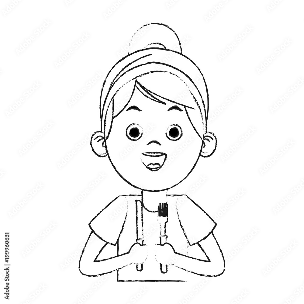 Beautiful little girl holding cutlery cartoon on black and white sketch ...