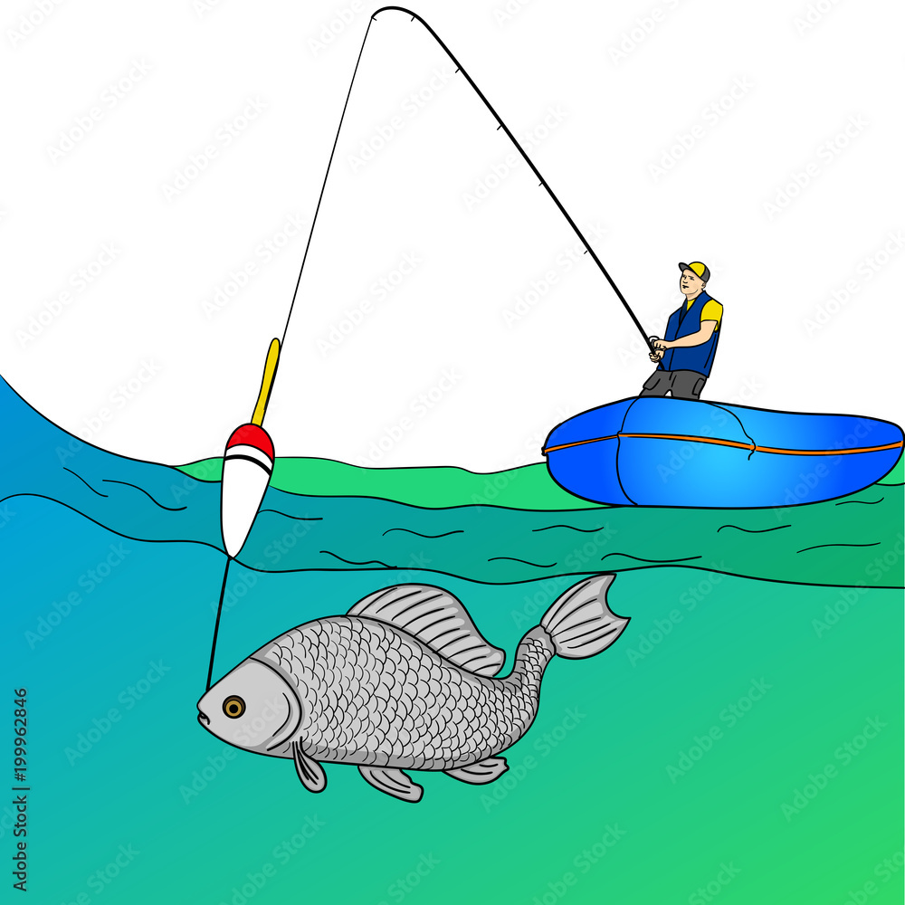 Object on white background man who fishing in open sea. Fishing cartoon ...