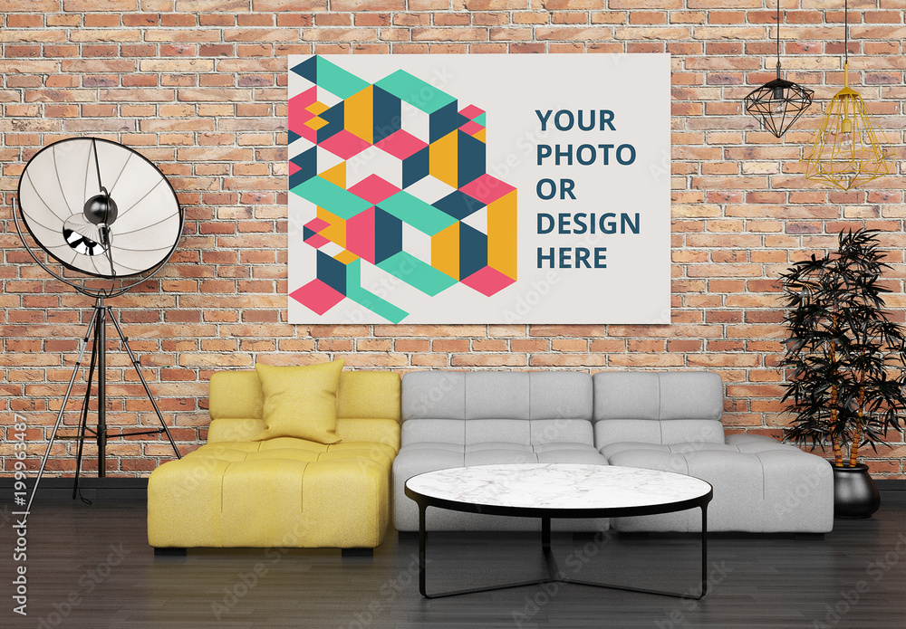 Horizontal Poster Above Living Room Sofa Mockup Stock Template | Adobe ...