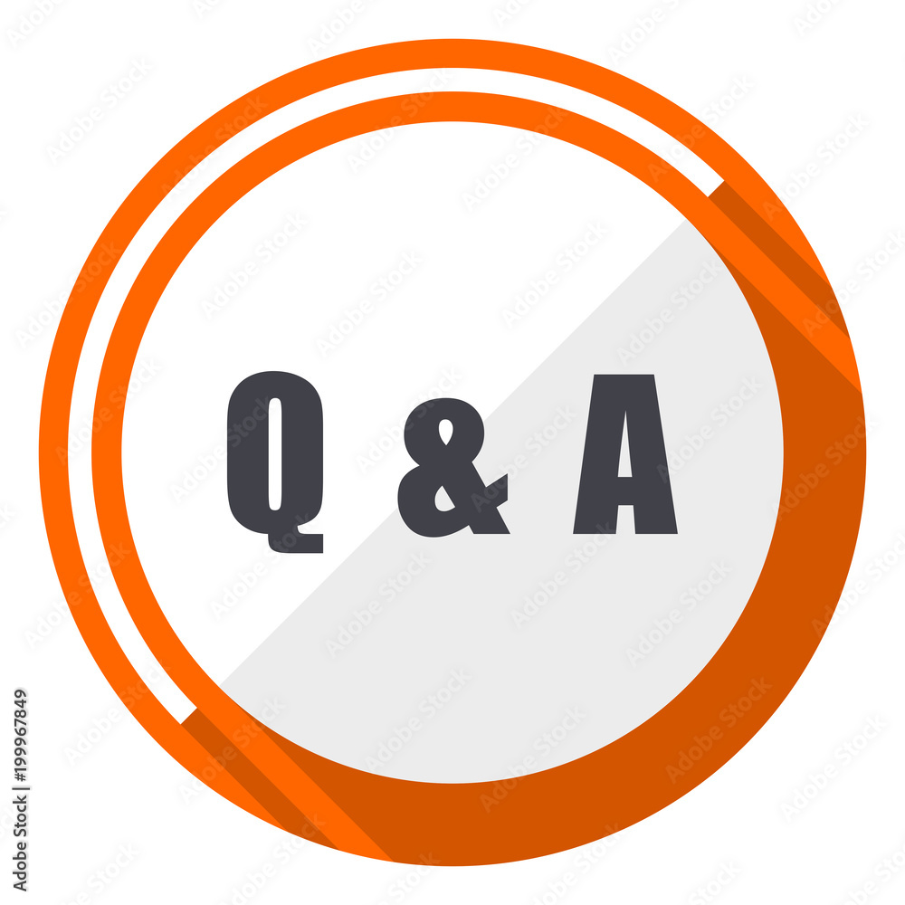 Question answer flat design vector web icon. Round orange internet ...