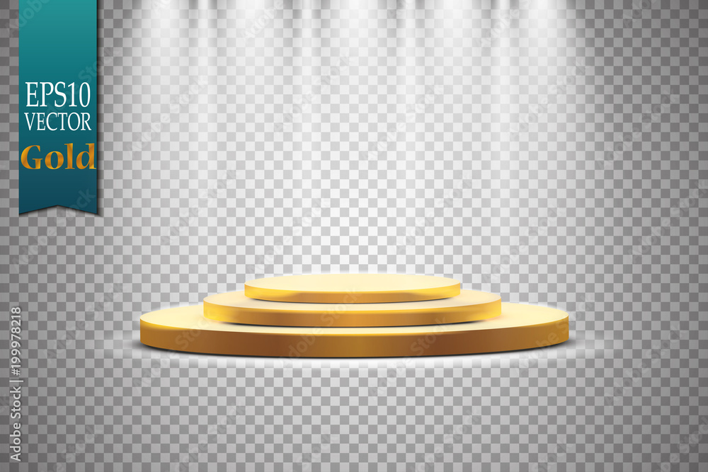 Golden podium with a searchlight on a transparent background, the first ...