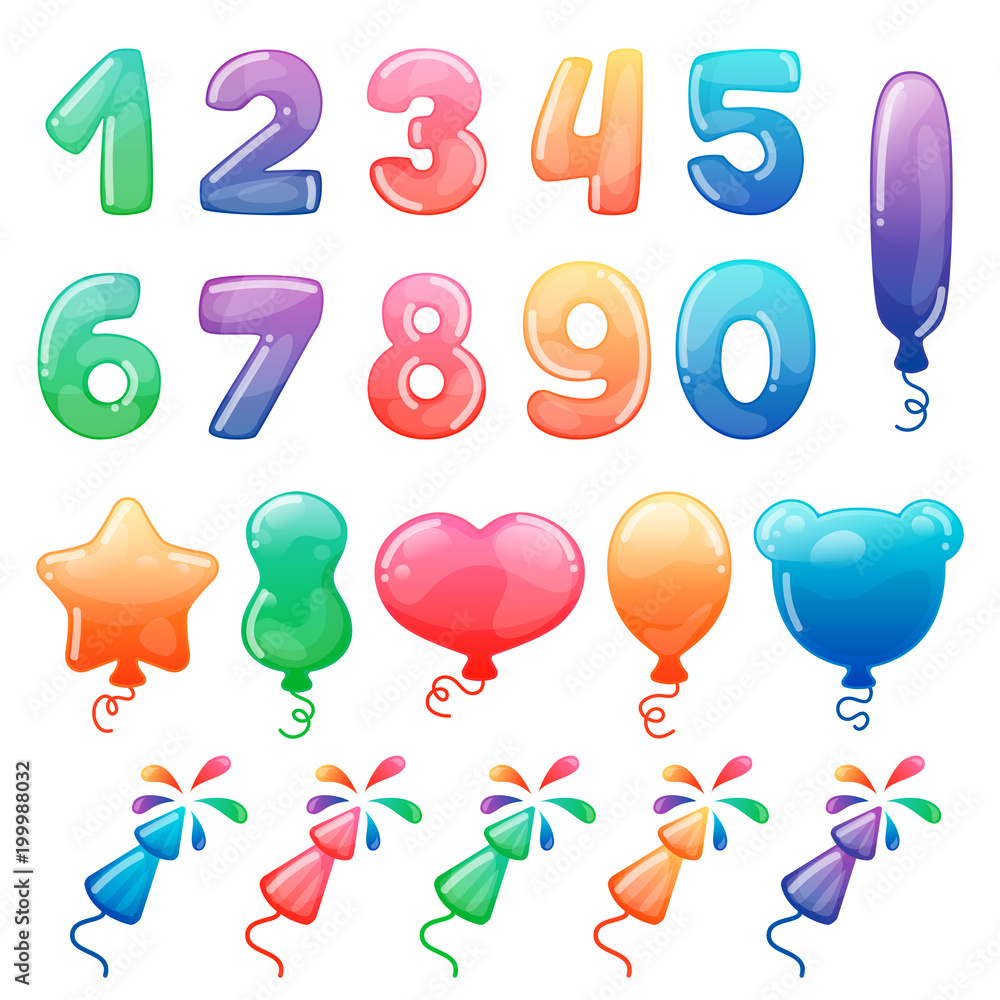 Set of color cartoon numbers, balloons and fireworks. Rainbow candy and ...