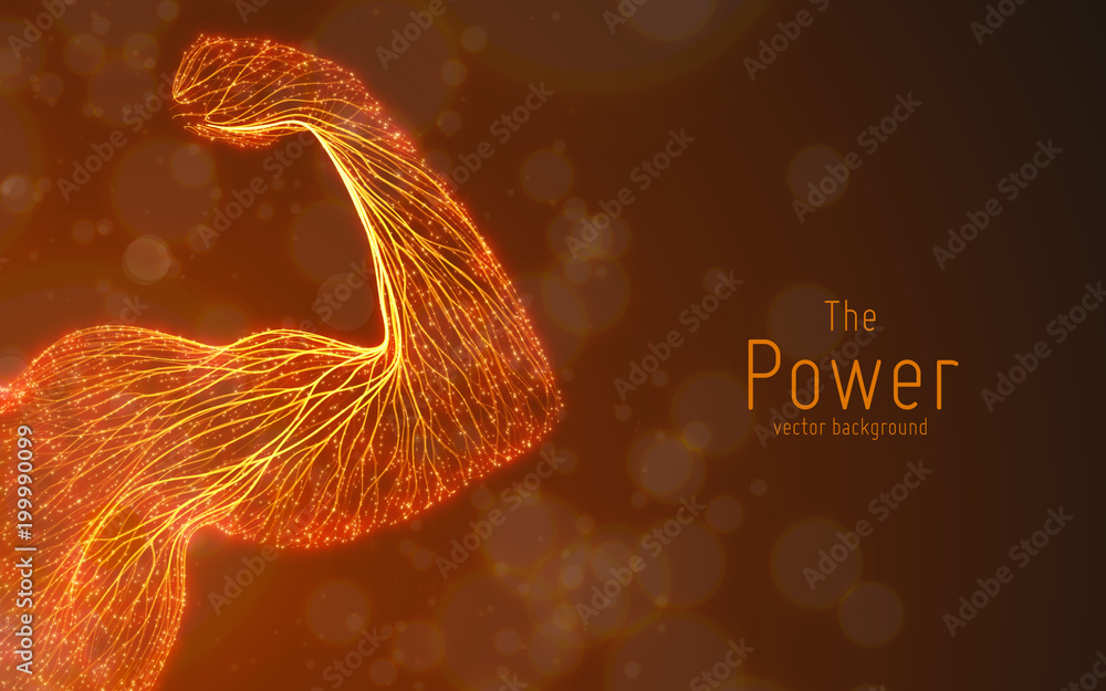Vector strong man arm. Big biceps formed with swirl lines and glowing ...