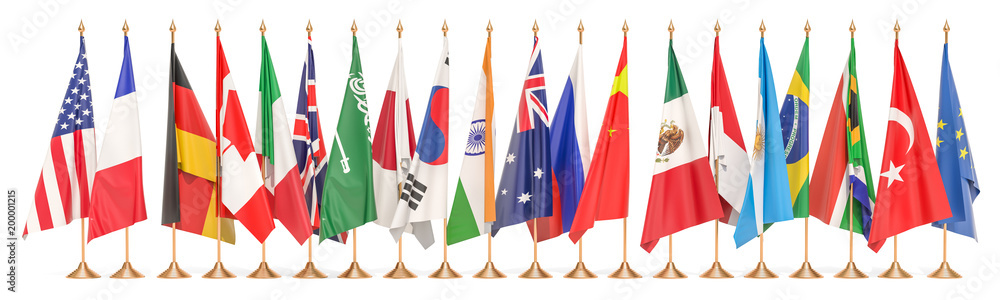 G20 meeting concept, row from flags of all members G20. 3D rendering ...