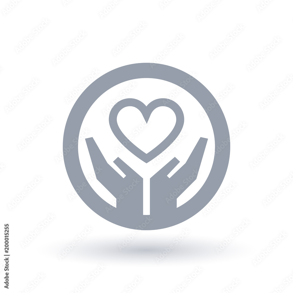 Heart with helping hands icon in circle outline. Charity love symbol ...