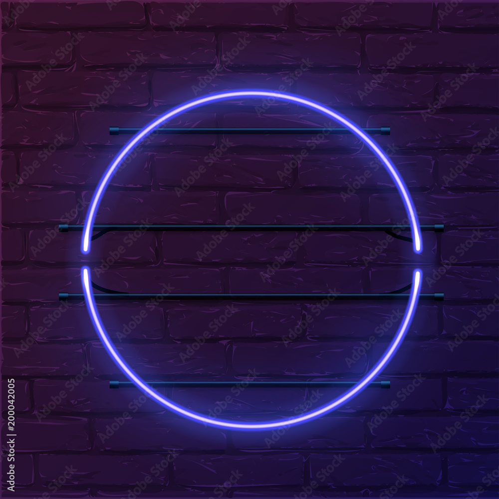 Circle blue neon sign. Vector realistic neon circle on brick wall ...