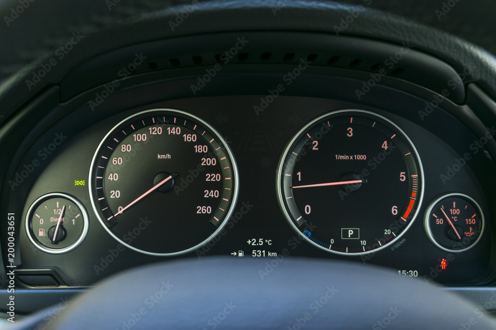 Car interior dashboard details with indication lamps. Car detailing ...