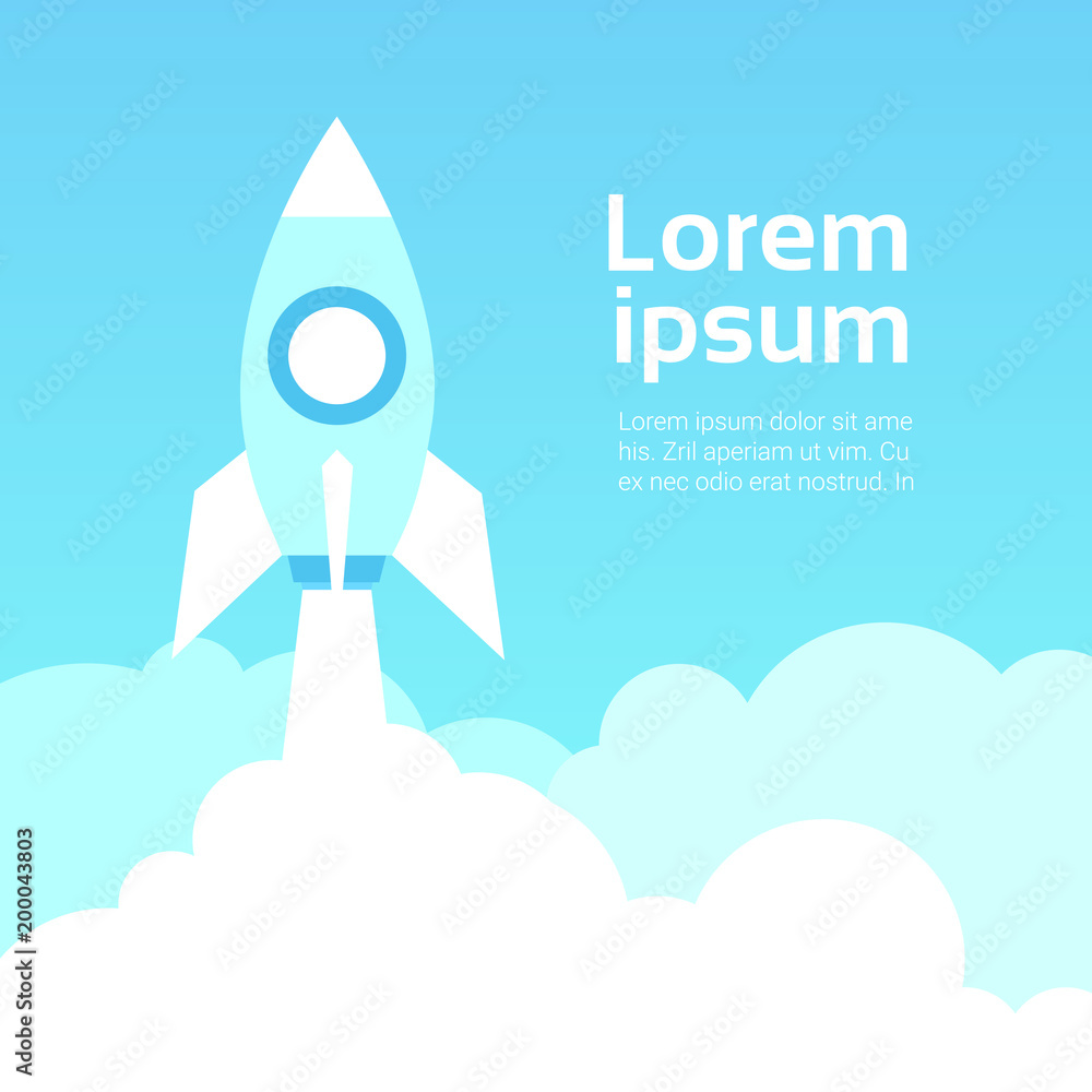 Space Rocket In Sky Over Blue Clouds Template Background Flat Vector ...