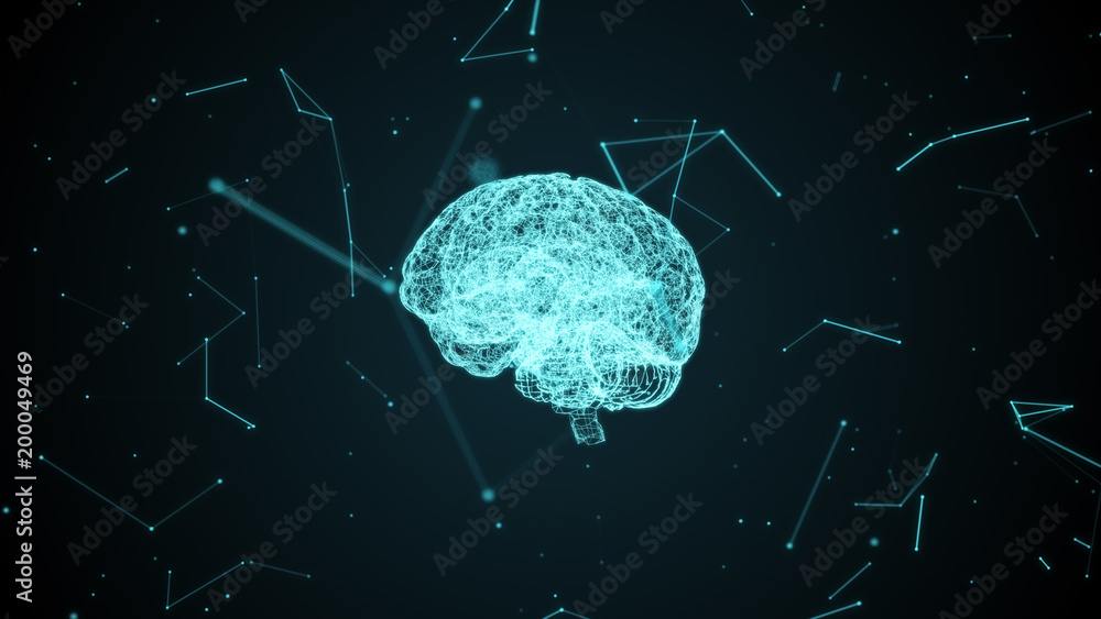 Human brain inside a digital cyberspace. Neural cells formed by ...