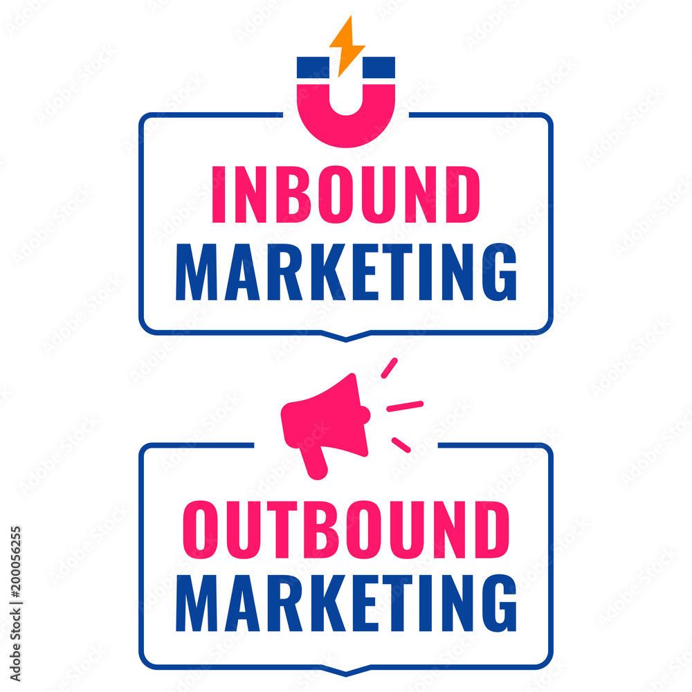 Inbound and outbound marketing. Badges with magnet and megaphone icons ...