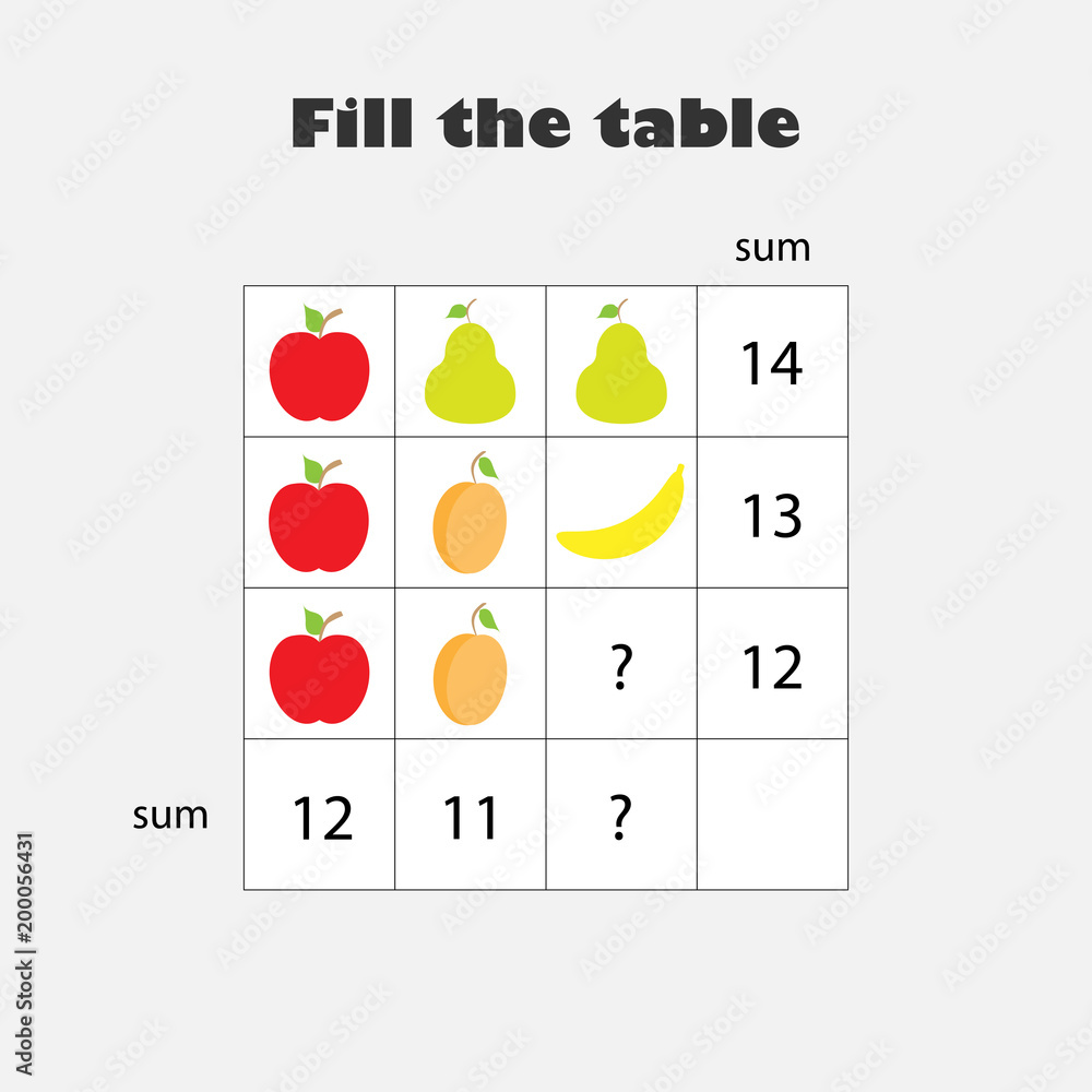Mathematics game with pictures (fruit) for children, easy level ...