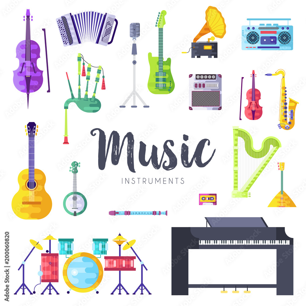 Music instruments vector brochure cards set. Audio tools template of ...