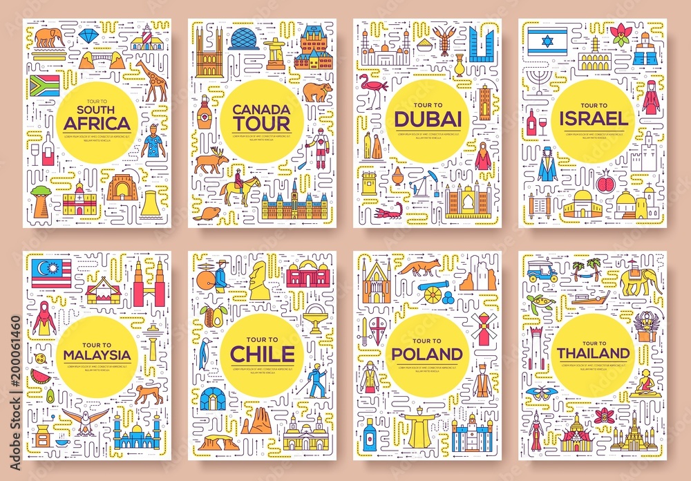 Set of thin line travel world country concept. Art traditional ...