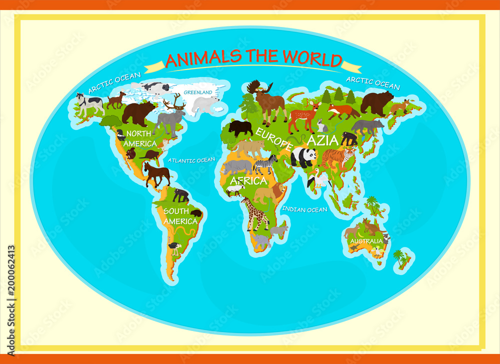 Vector map of animals on a blue background Stock Vector | Adobe Stock