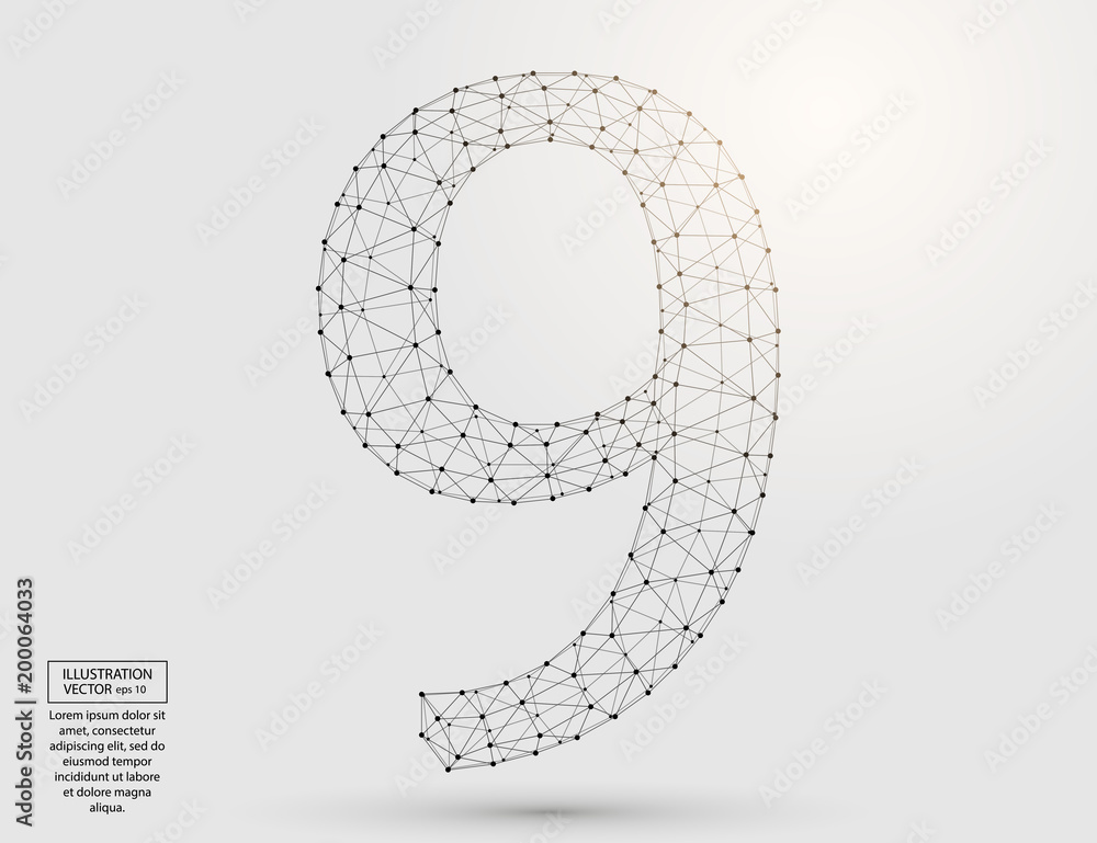 Abstract number nine, figure 9, consisting of triangles, circles, spots ...