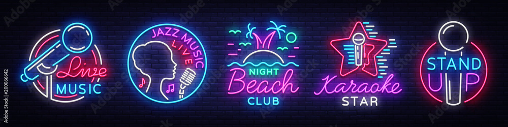 Set neon signs symbols. Live Music, Jazz Music, Nightclub Beach ...