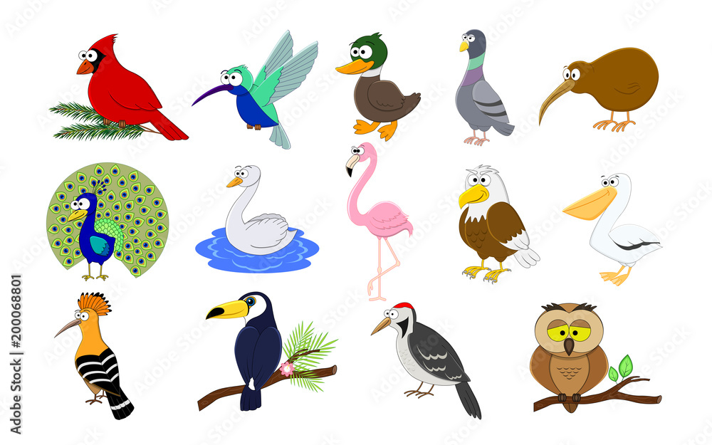 Big set of cartoon funny birds. Birds collection. Vector illust Stock ...