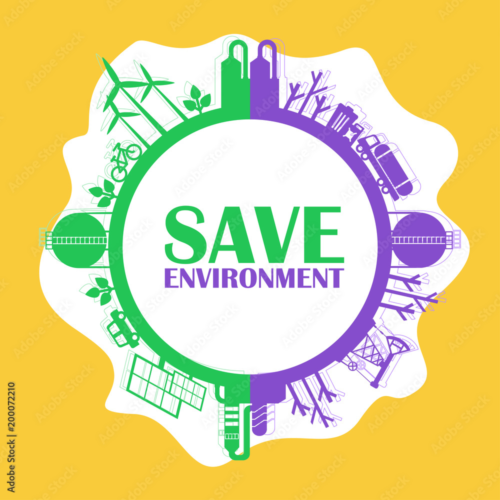 Solar energy, wind energy. Dirty city, factories, air pollution. Earth ...