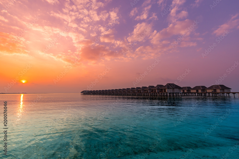 Sunset in Maldives island. Beautiful sunset sky and clouds, luxury ...