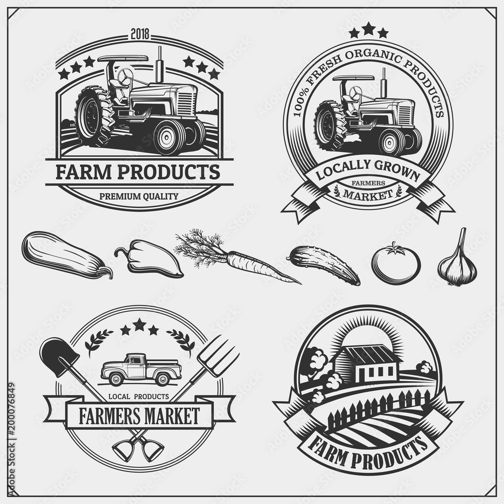 Set of farmers market emblems, logos and labels. Vector illustration ...