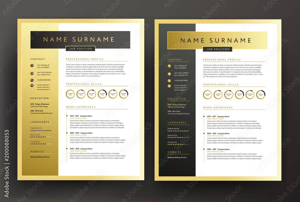 Expert CV / resume template in black and gold colors - professional ...