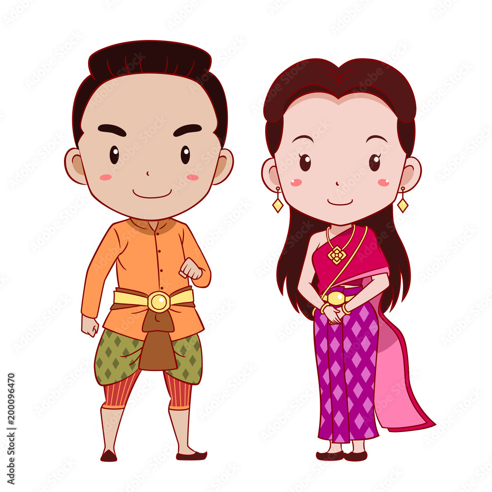 Cute couple of cartoon characters in Thai traditional costume. Stock ...