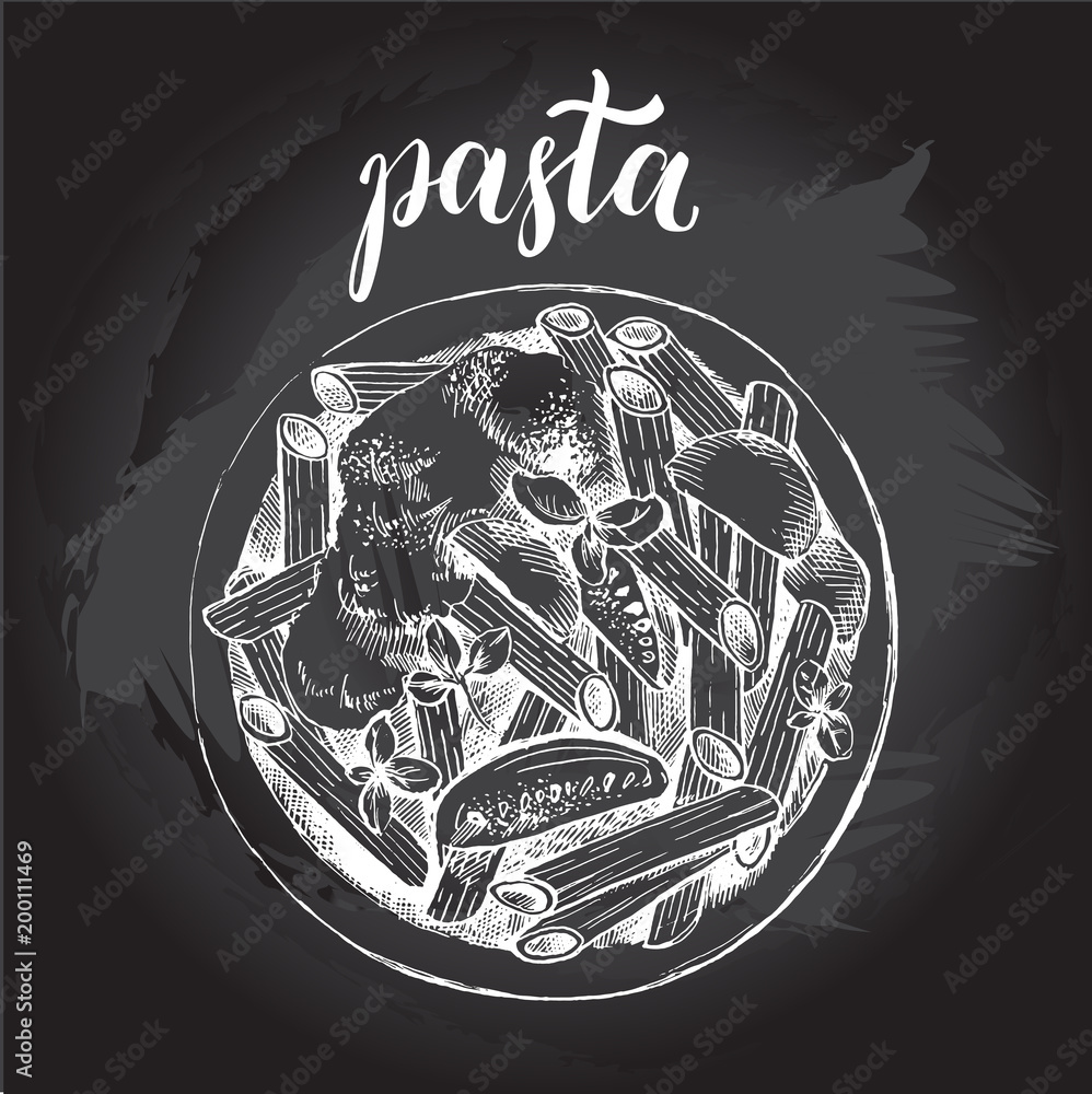 Penne pasta with tomatoes and basil. Dish of Italian cuisine. Ink hand ...