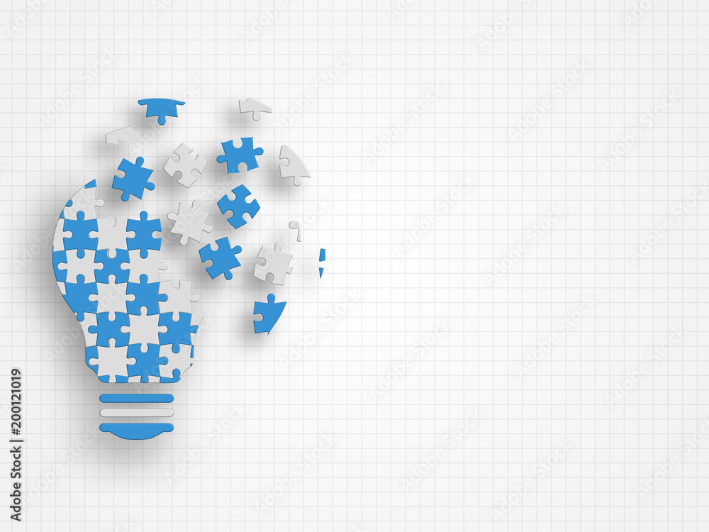 Lightbulb filled in with jigsaw puzzle pieces falling apart on grid ...