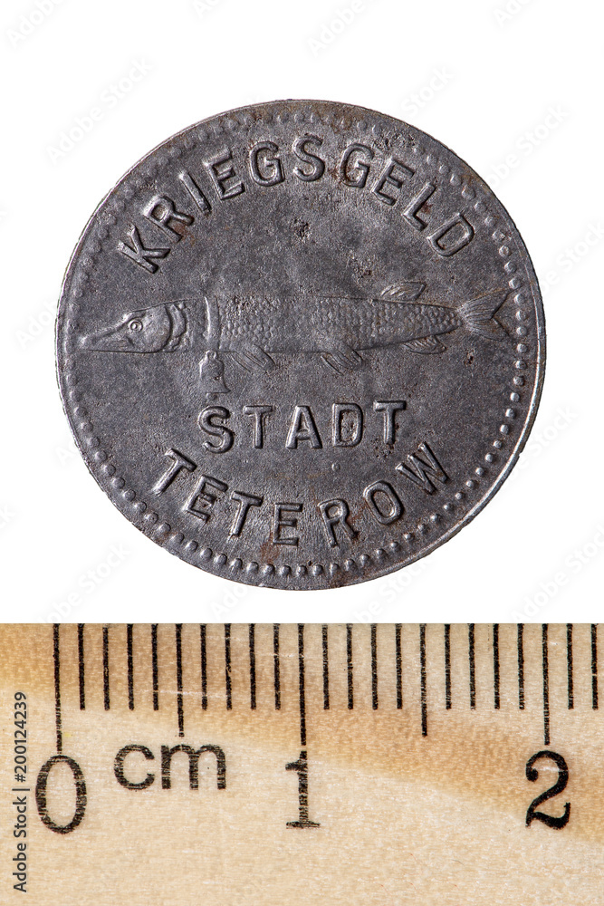 German antique metal coin of ten pfennings. Reverse. Isolated on white ...