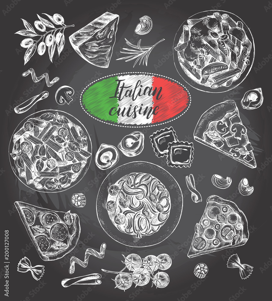 Vektorová grafika „Pasta dishes, pieces of pizza, ingredients of ...