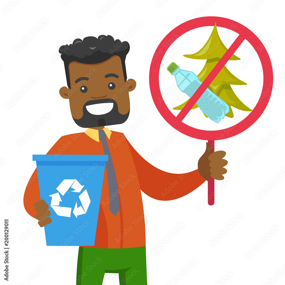 Young african-american man holding recycling bin and do not littering ...