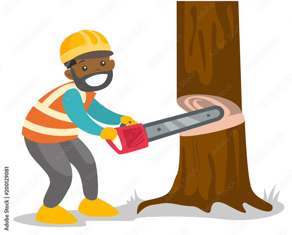Young african-american woodcutter in workwear and hard hat cutting tree ...