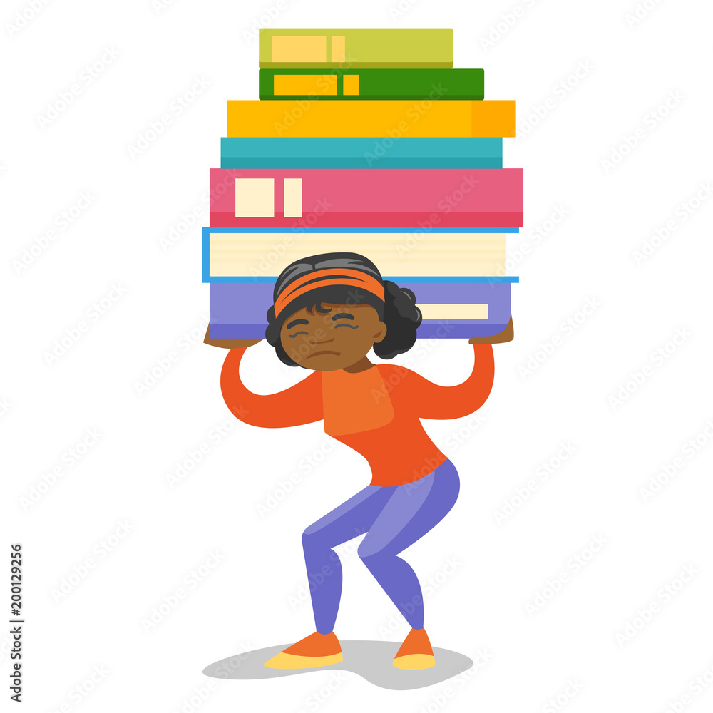Young african-american tired college student carrying a heavy pile of ...