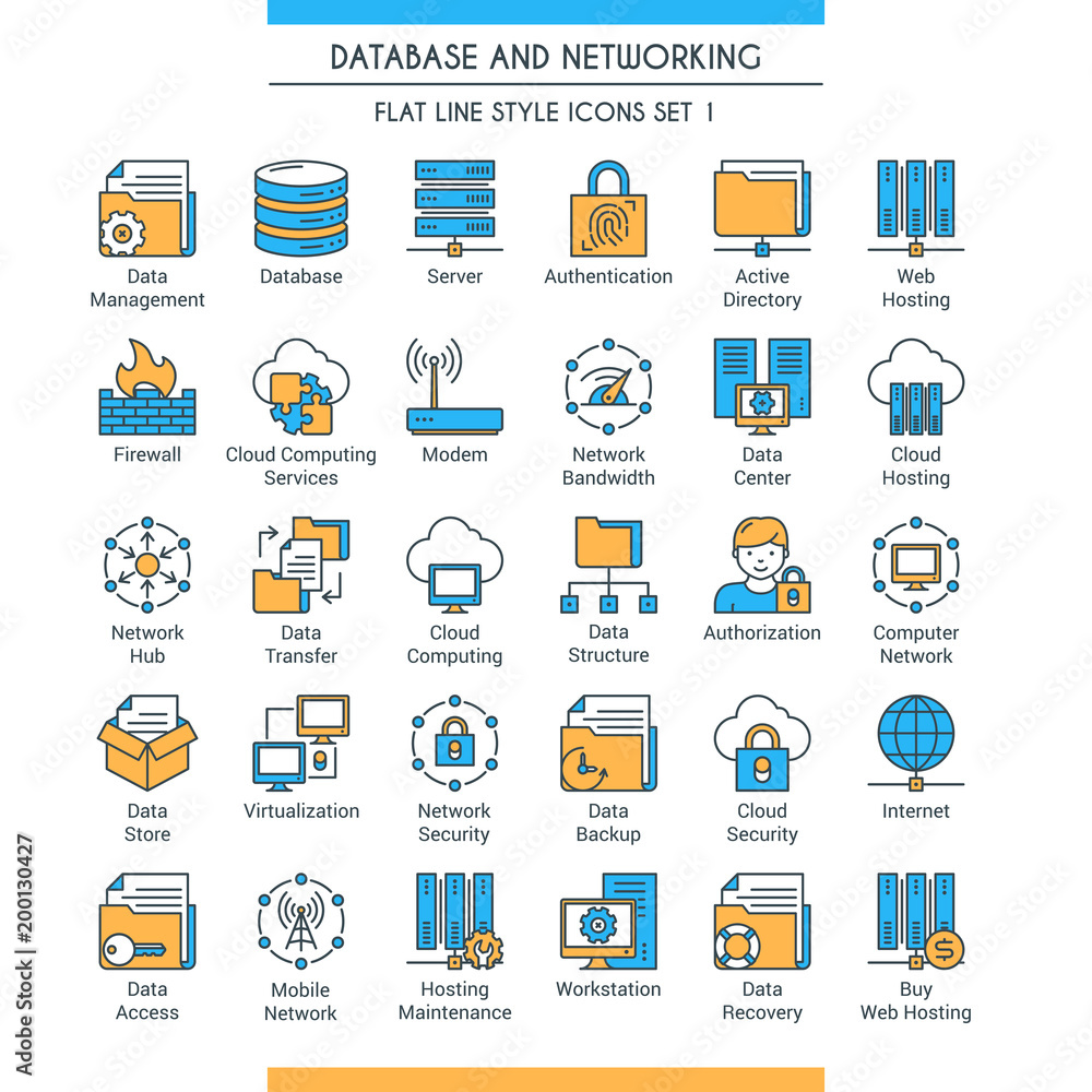 Database and networking icons set. Modern icons on theme storage ...