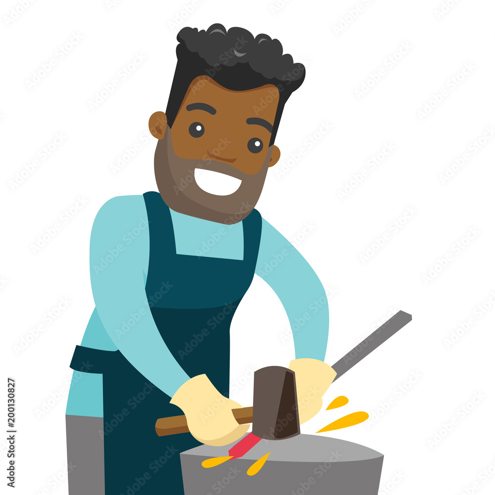 African-american blacksmith working metal with hammer on the anvil in ...