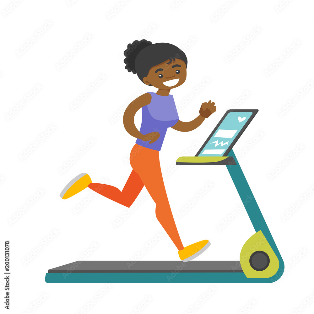 Young african-american woman running on treadmill. Sporty woman ...