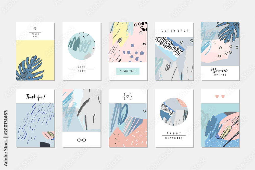 Collection of creative universal artistic cards. Hand Drawn textures ...