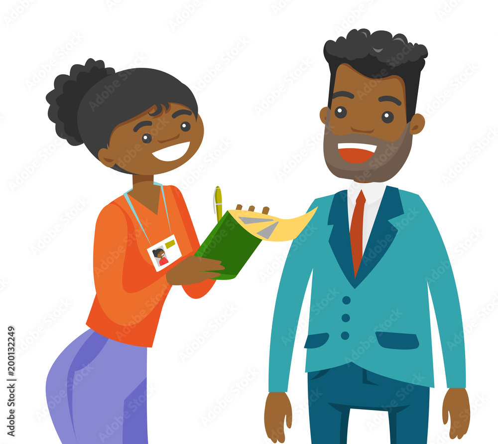 Young african-american female reporter interviewing a man and taking ...