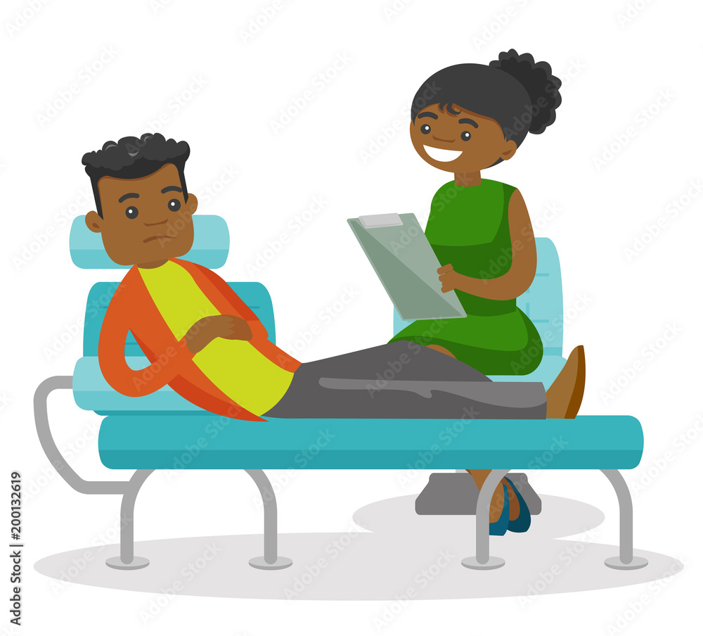 African-american patient sitting on sofa and talking about depression ...
