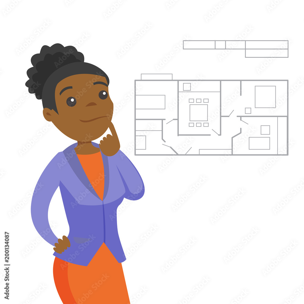 Young african-american woman thinking about blueprint of new apartment ...