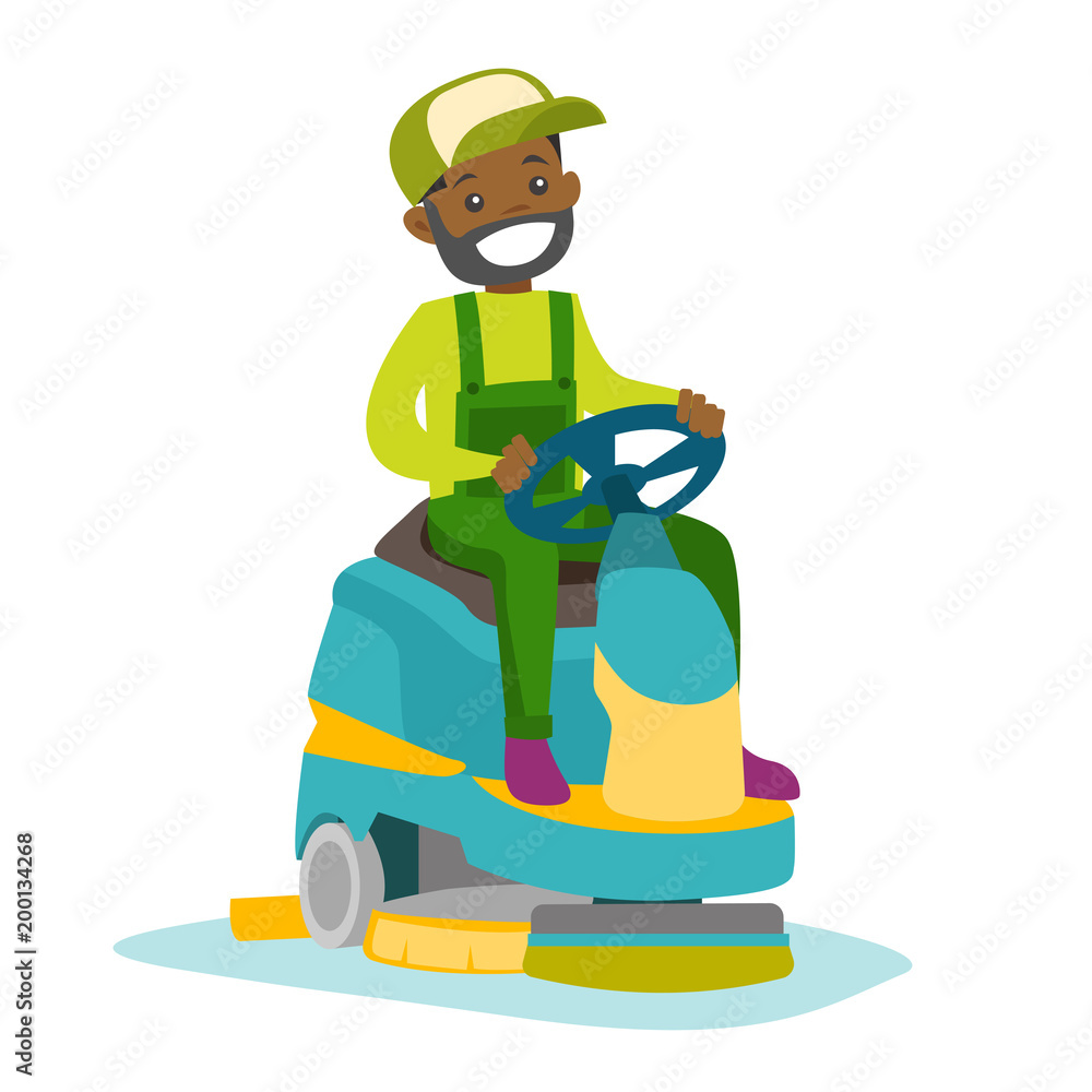 Young cucasian white man cleaning supermarket floor with washing ...