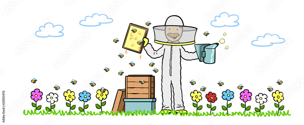 Imker mit Bienenstock und Bienen auf Feld mit Blumen Stock Illustration ...