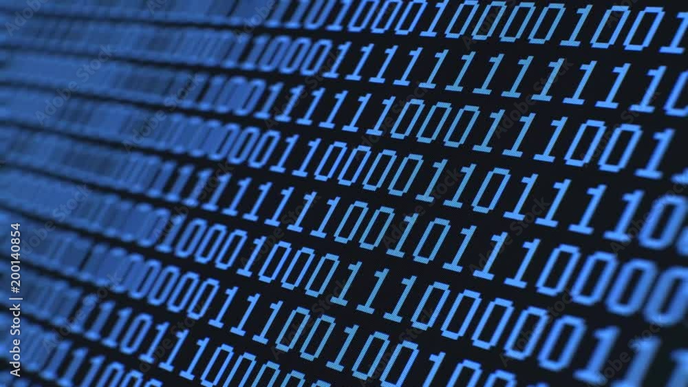 Moving close up on randomized binary 1s and 0s flicker and cycle on and ...