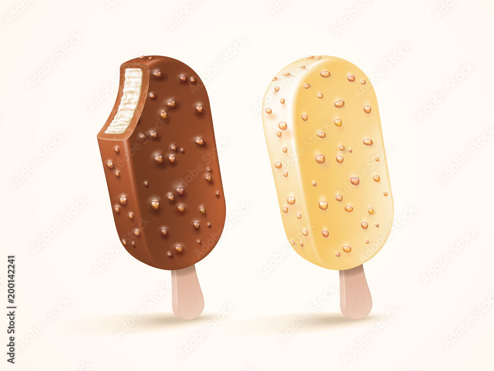 Vector ice cream bar with white and milk chocolate glaze with nuts ...