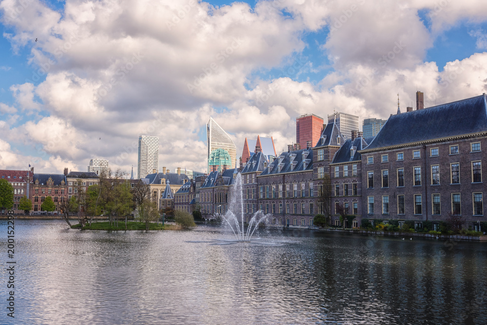 Binnenhof castle (Dutch Parliament) background with the Hofvijver lake ...